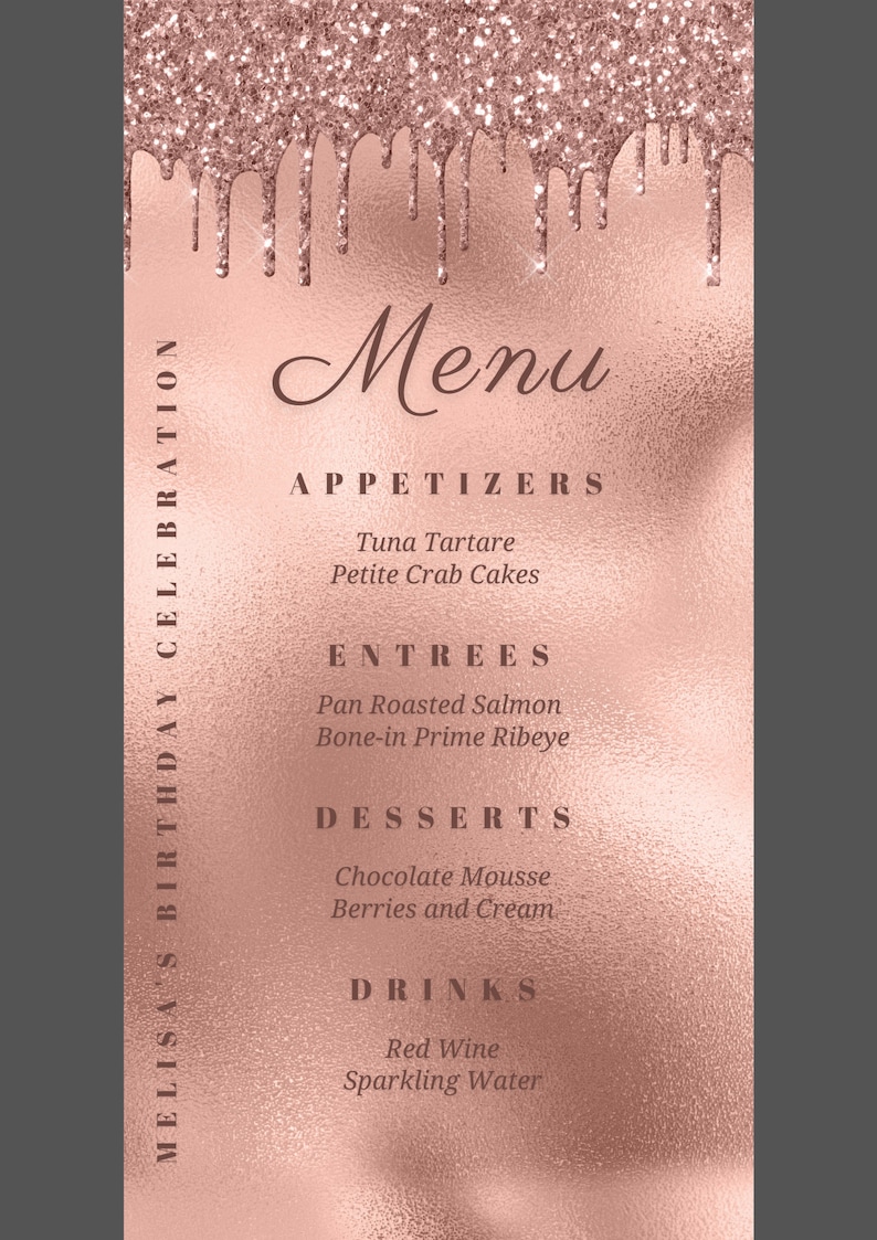 Editable Rose Gold Menu Card Template, Rose Gold Glitter Drip Menu Card ...