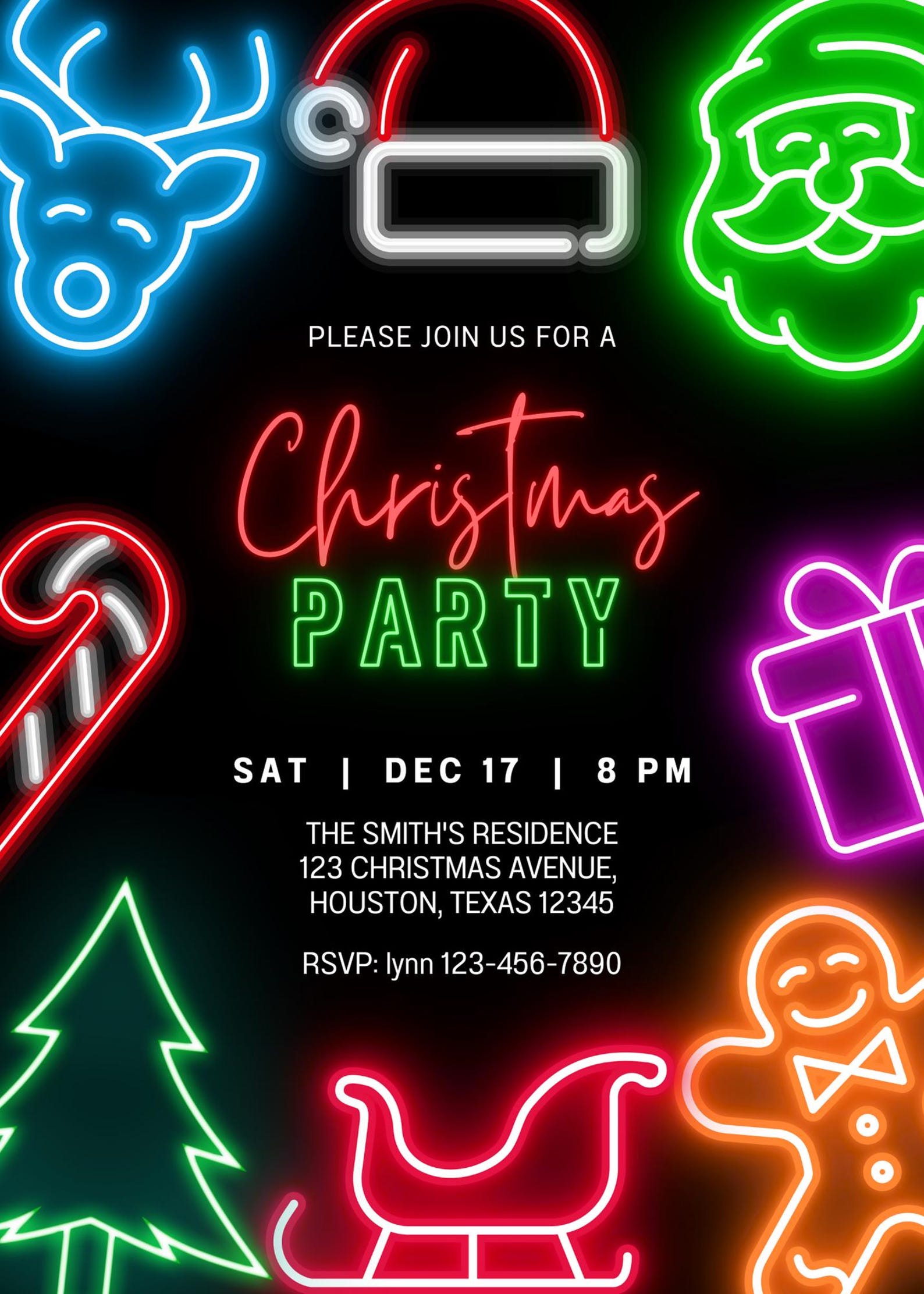 Editable Neon Christmas Party Invitation, Printable or Digital Invite ...