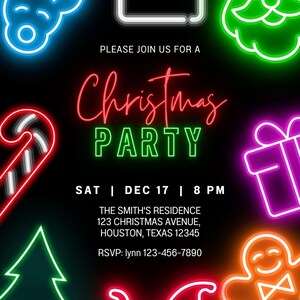 Editable Neon Christmas Party Invitation, Printable or Digital Invite ...