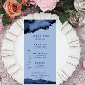 Editable Shades of Blue Menu Cards Template, Blue and Silver Table Menu ...