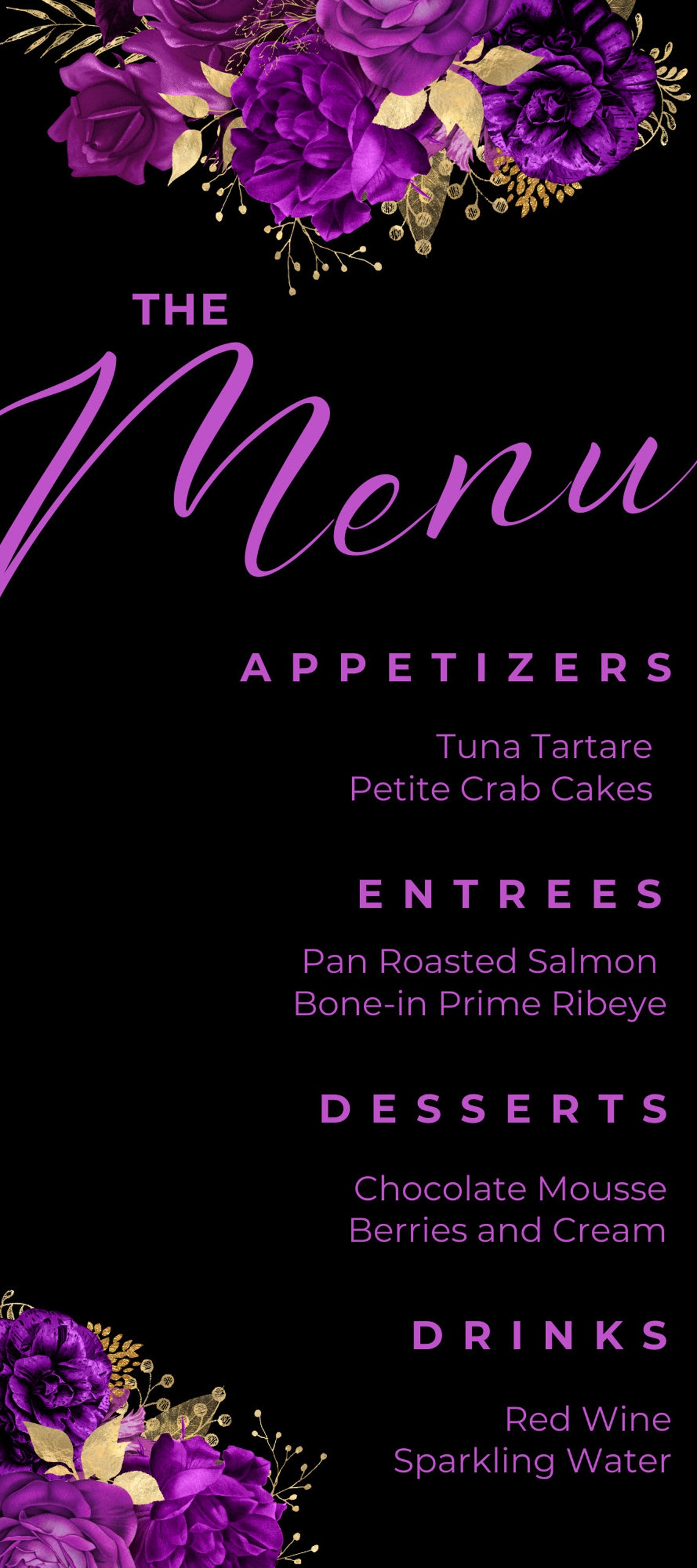 Editable Menu Card Template, Purple, Black and Gold Menu Cards, Floral ...