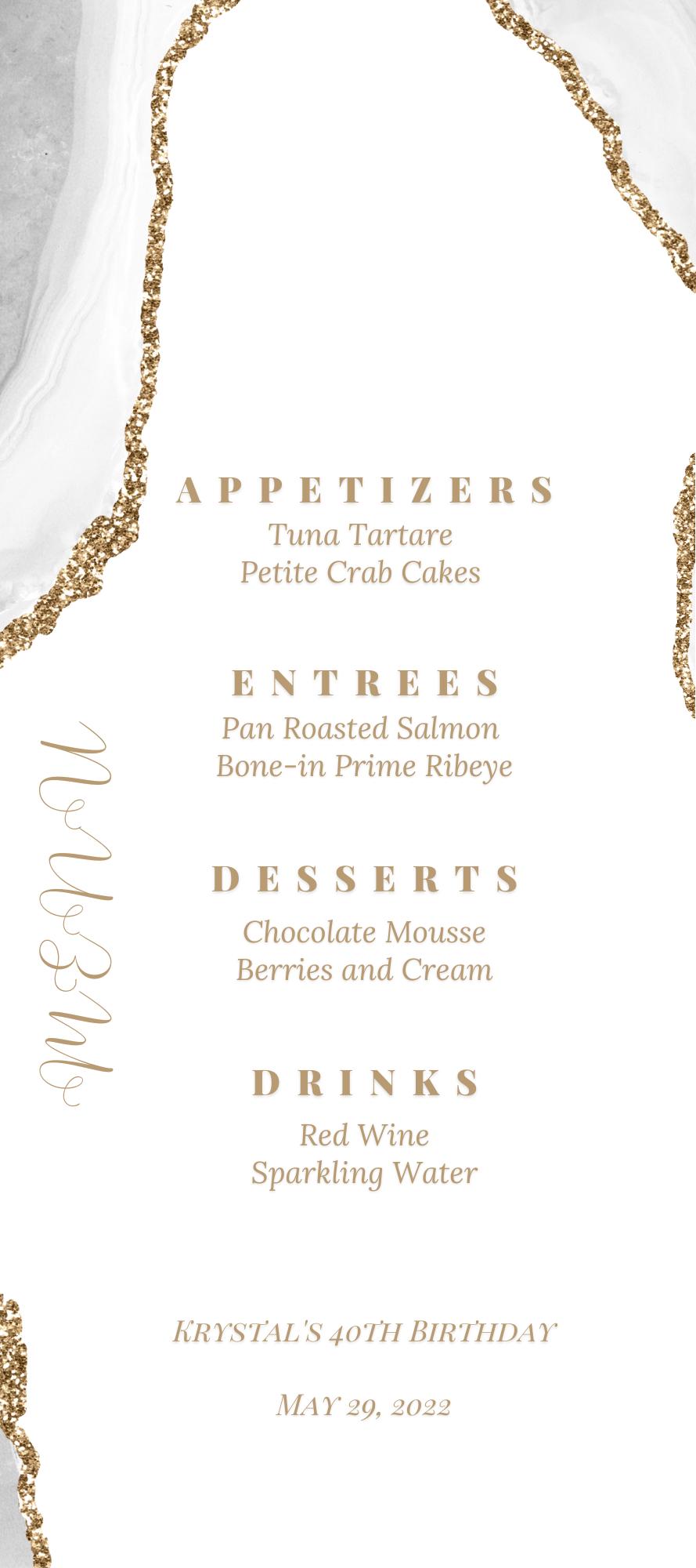 Editable Menu Card Template, White and Gold, Wedding Menu, Birthday ...