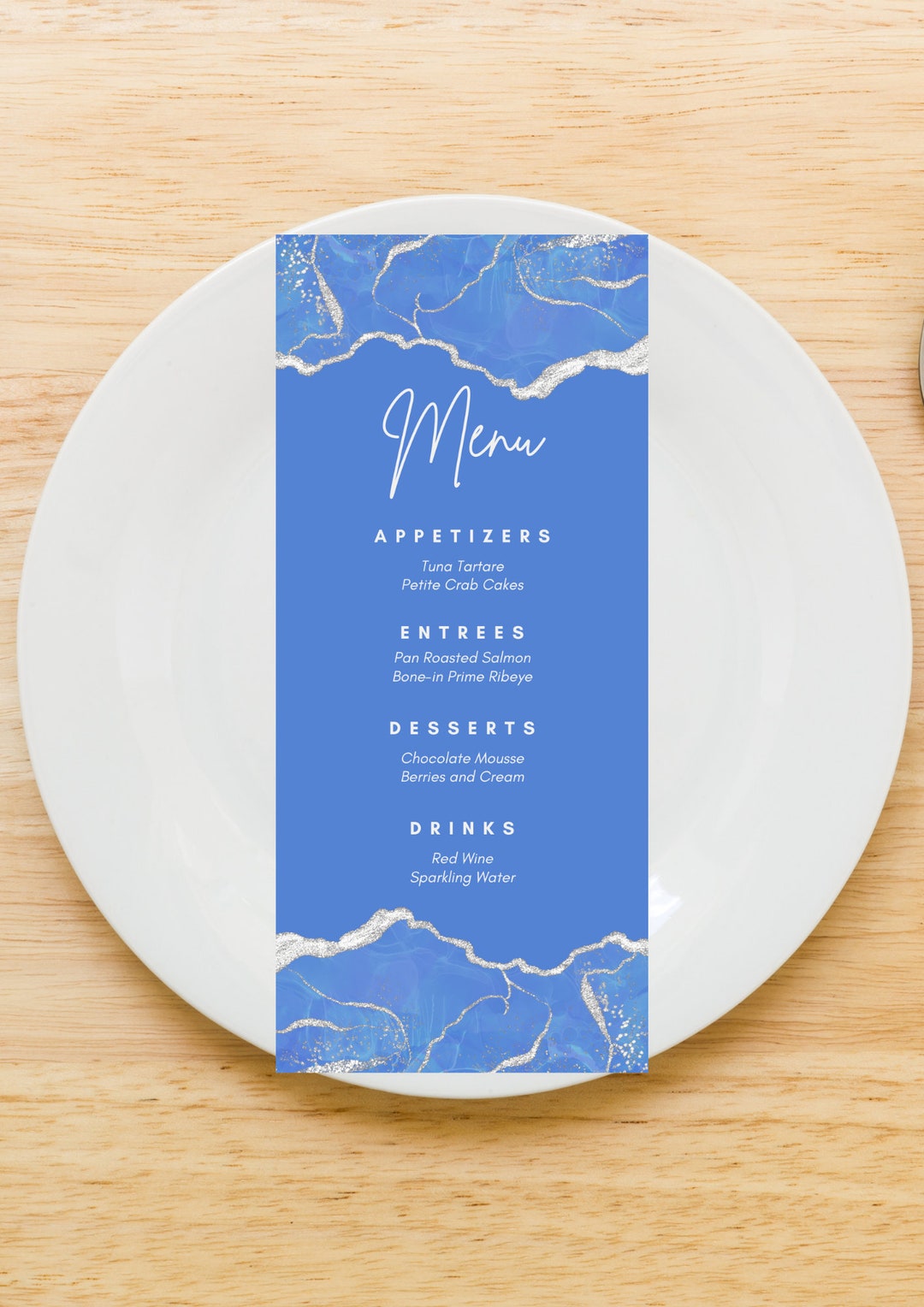 Editable Menu Card Template, Baby Blue and Silver, Birthday, Dinner ...