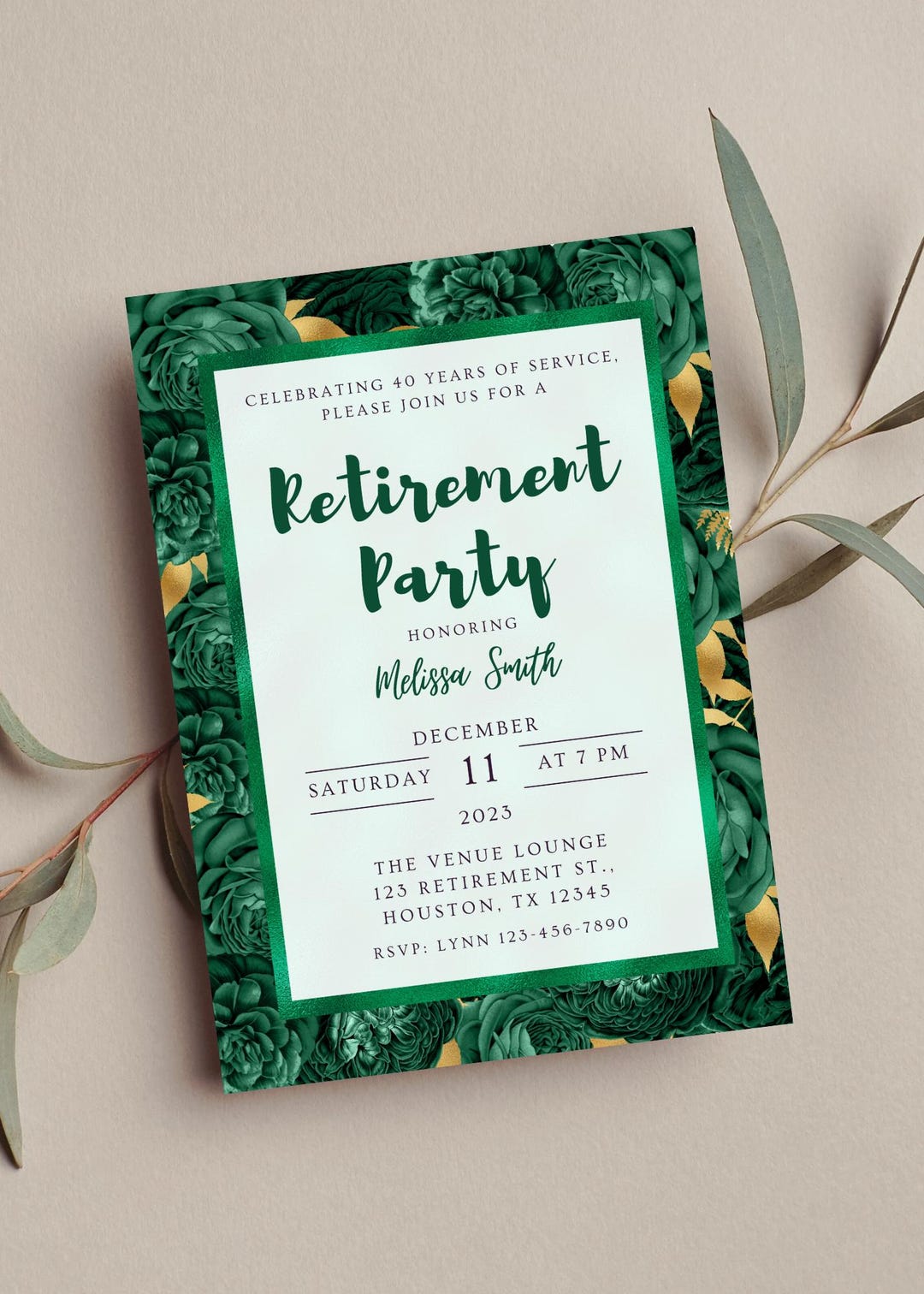 Editable Retirement Party Invitation Template, Green and Gold Floral ...
