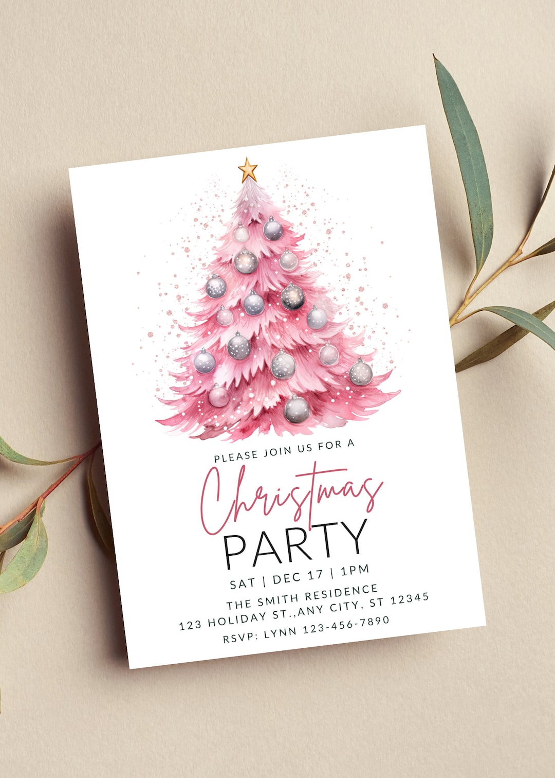 Editable Pink Christmas Party Invitation Printable, Pink Christmas Tree ...