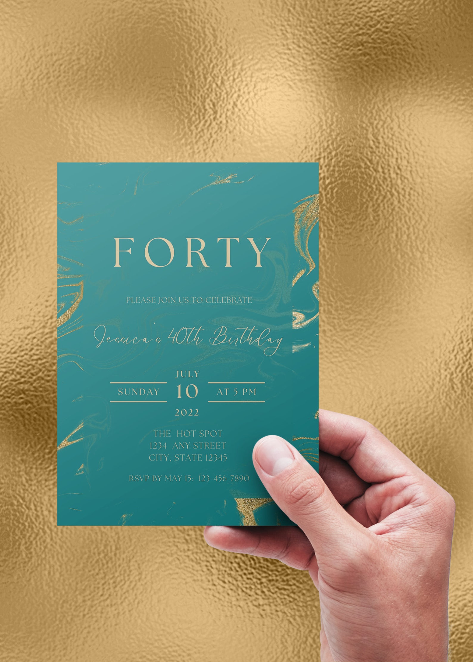 Editable Teal and Gold Birthday Invitation, Teal Marble Invitation ...