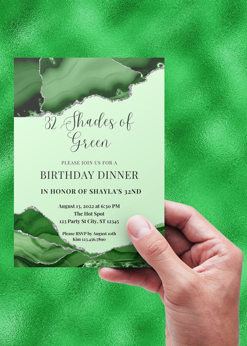 Editable Shades of Green Invitation, Green and Silver, Birthday Dinner ...