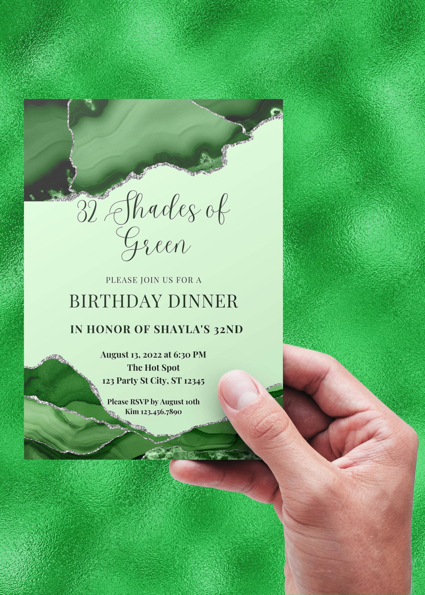 Editable Shades of Green Invitation, Green and Silver, Birthday Dinner ...