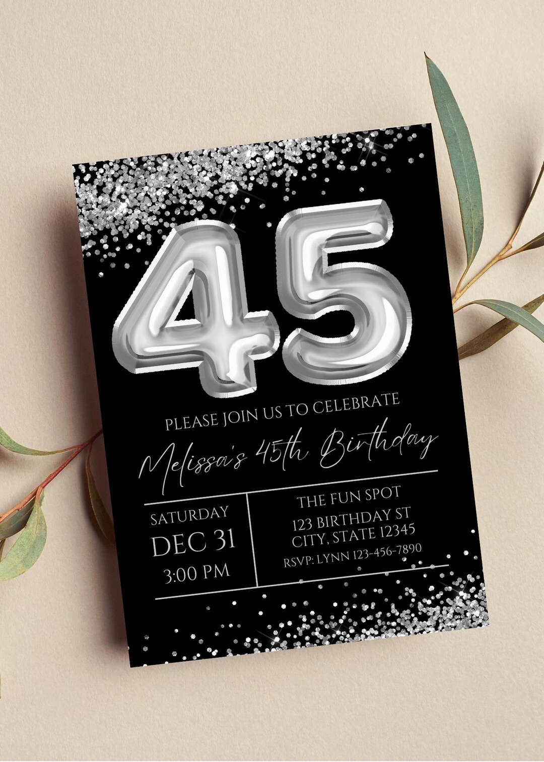 Editable 45th Birthday Invitation, Black and Silver Invitation, Silver ...