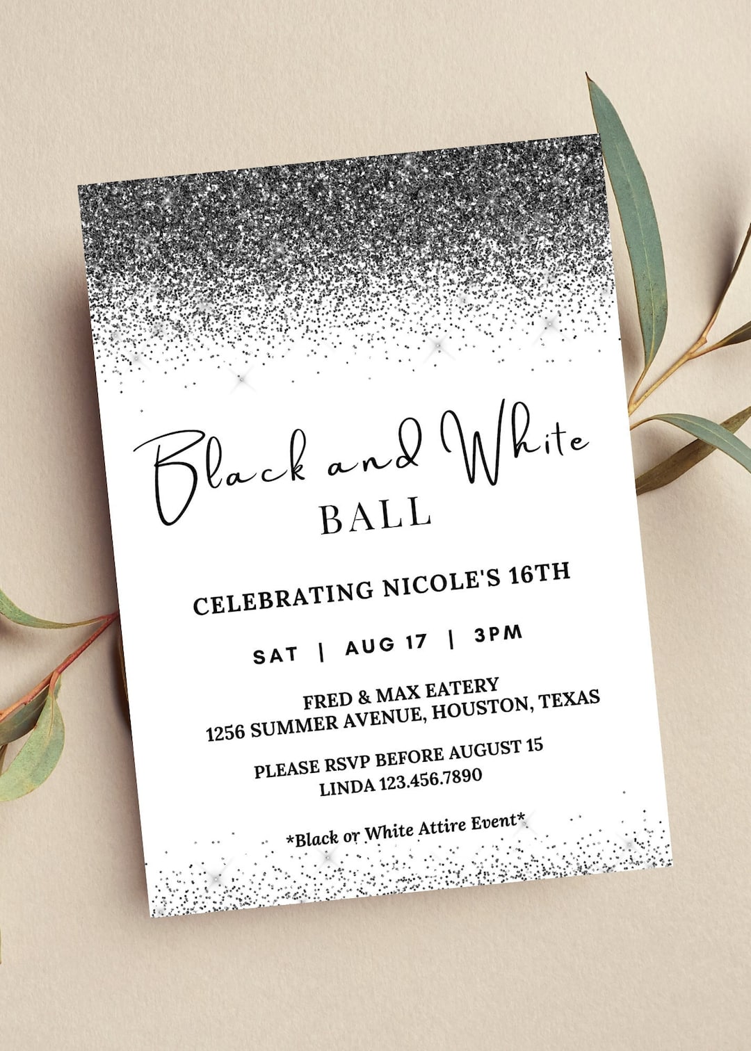 Editable Black and White Ball Invitation, Black Glitter, Print or Text ...