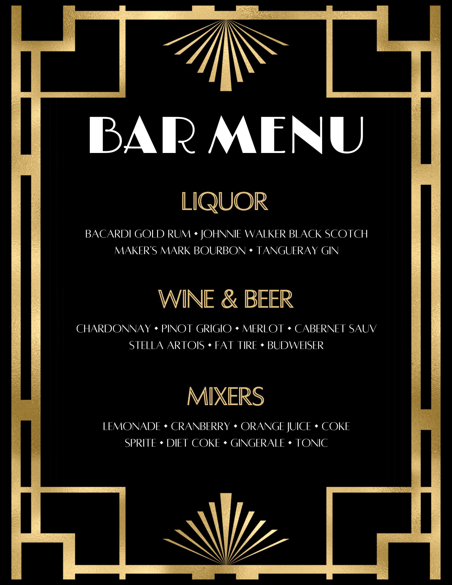 Editable Gatsby Bar Menu Card Template, Roaring 20s Bar Menu, Harlem ...