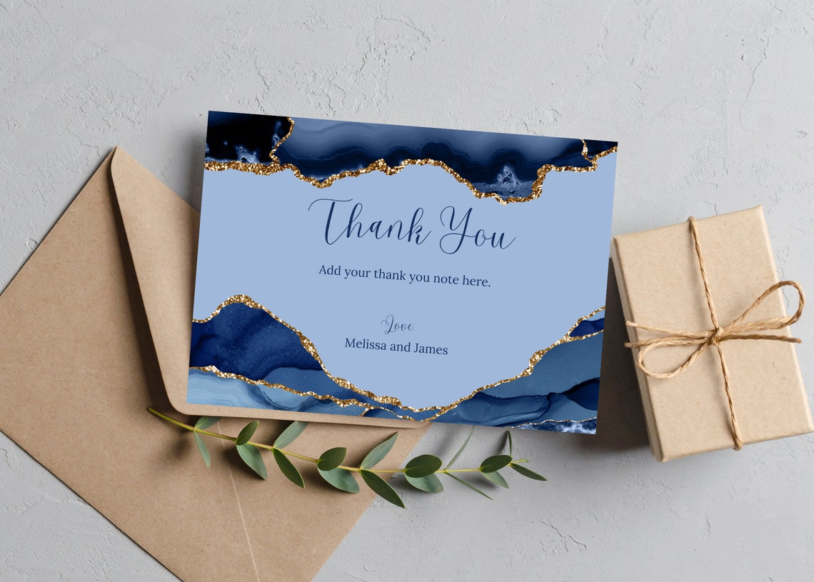Printable Thank You Card, Blue and Gold Thank You Note, Editable, Blue ...