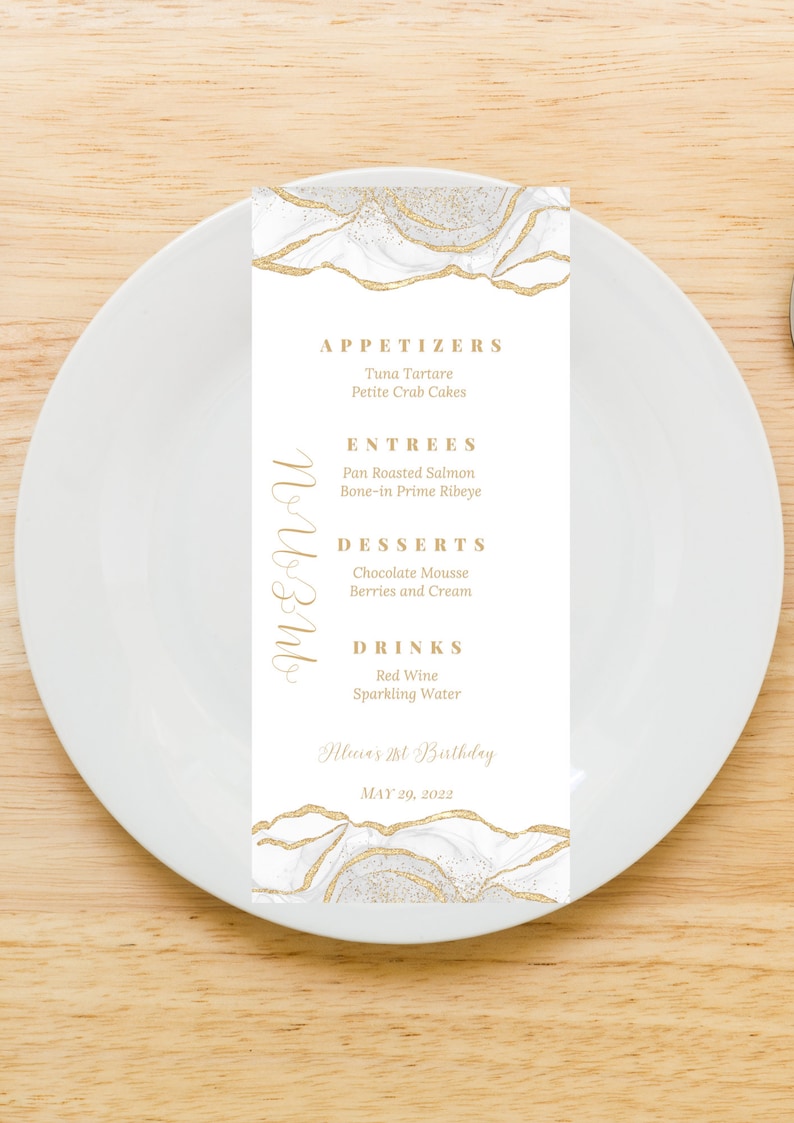 Editable Menu Card Template White and Gold Menu Card - Etsy