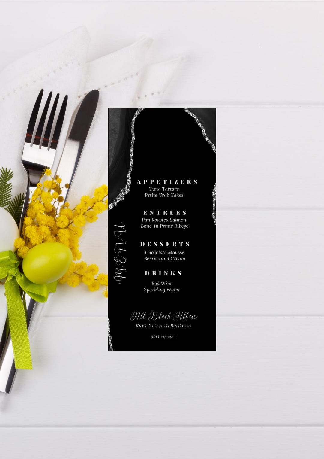All Black Affair Menu Card Template, Black and Silver Birthday Dinner ...