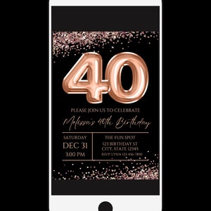 Editable Rose Gold 40th Birthday Invitation, Rose Gold and Black, Glam ...