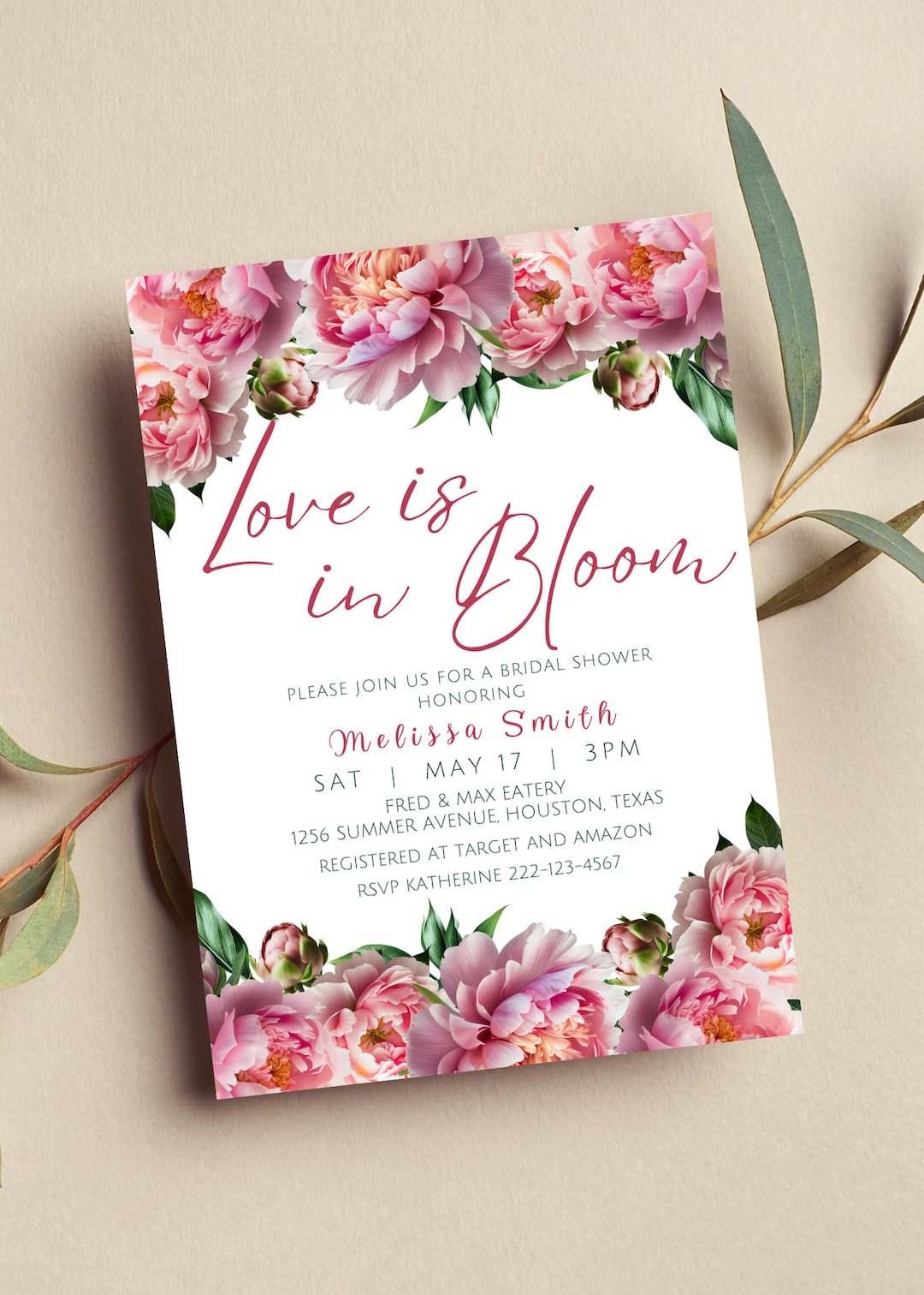 Editable Love is in Bloom Bridal Shower Invitation, Pink, Floral, Peony ...