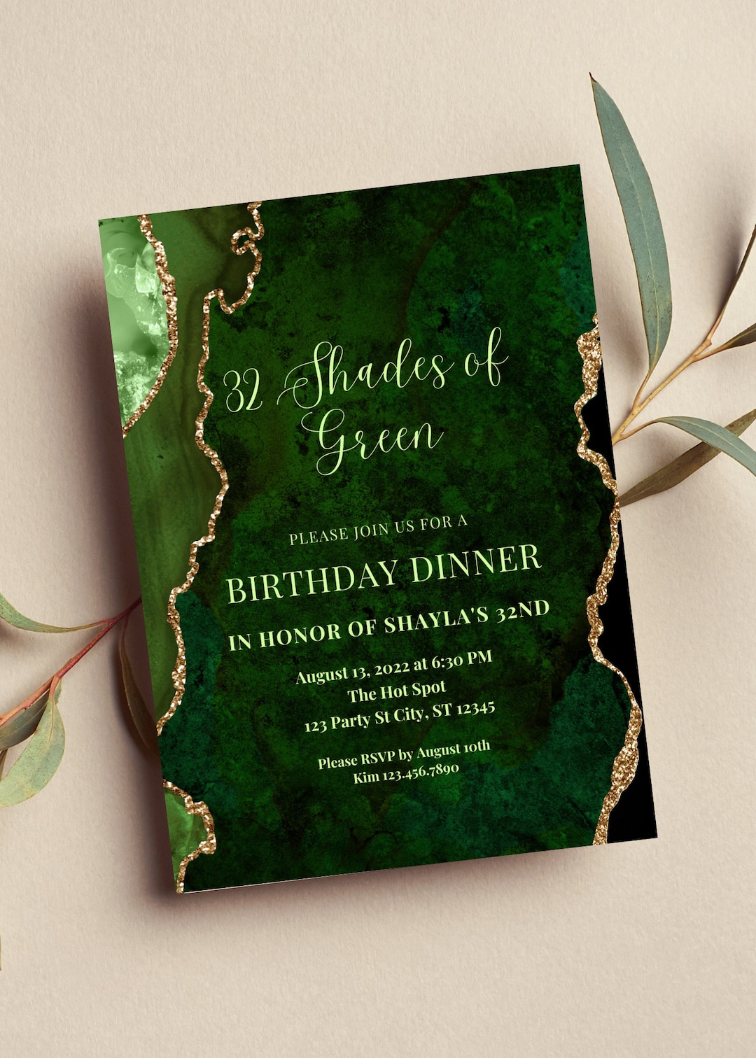 Editable Shades of Green Invitation, Green and Gold, Birthday Dinner ...