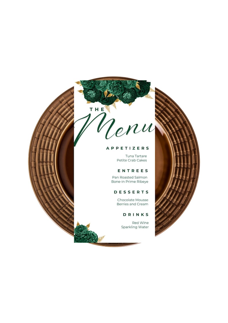 Editable Menu Card Template Emerald Green and Gold Menu Card - Etsy