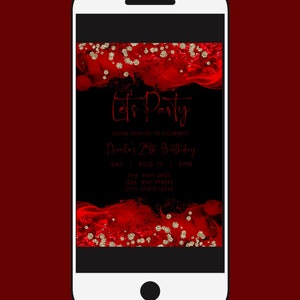 Editable Red and Black Invitation, Let's Party Birthday Invite, Glam ...