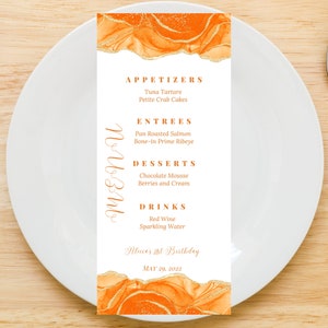 Editable Menu Card Template, Orange and Gold Menu, Birthday, Dinner ...