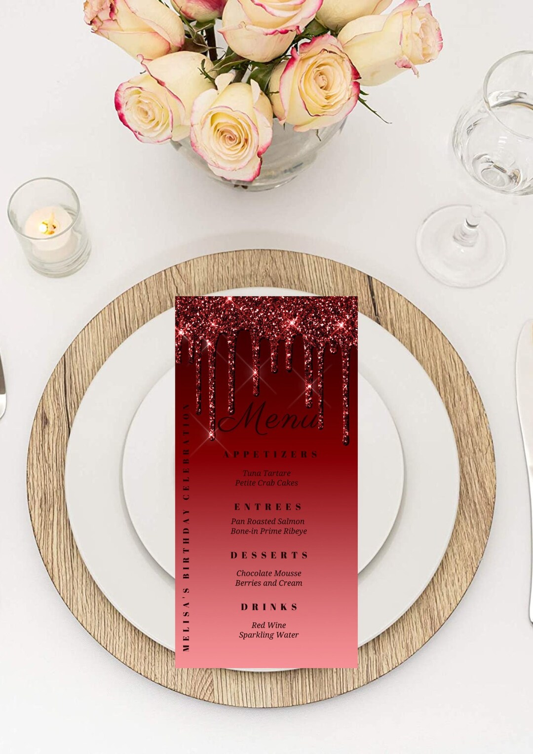 Editable Red Menu Card Template, Red Glitter Drip Menu Cards, Birthday ...
