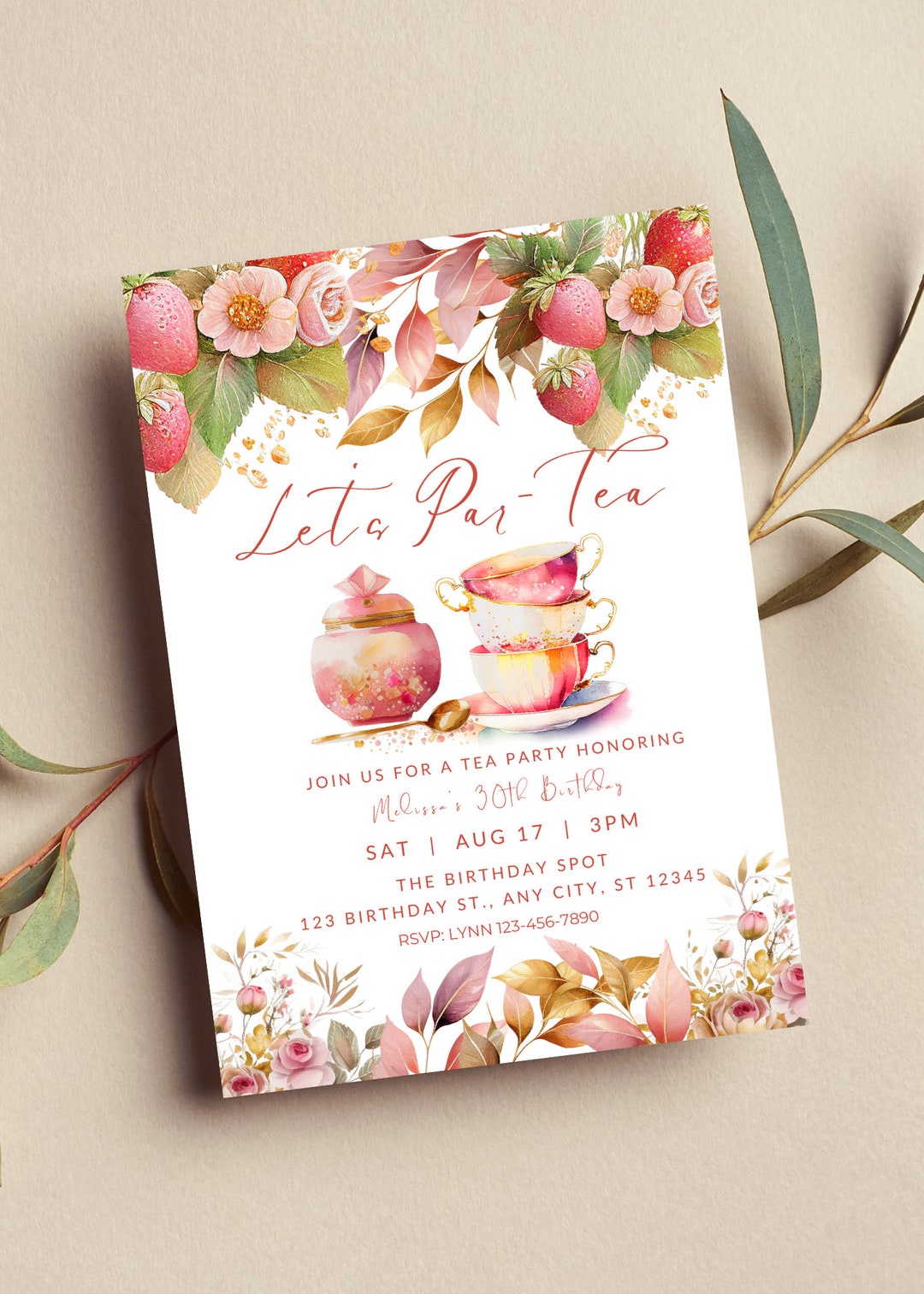 Editable Tea Party Invitation, Let's Par-tea, Birthday Tea Party Invite ...