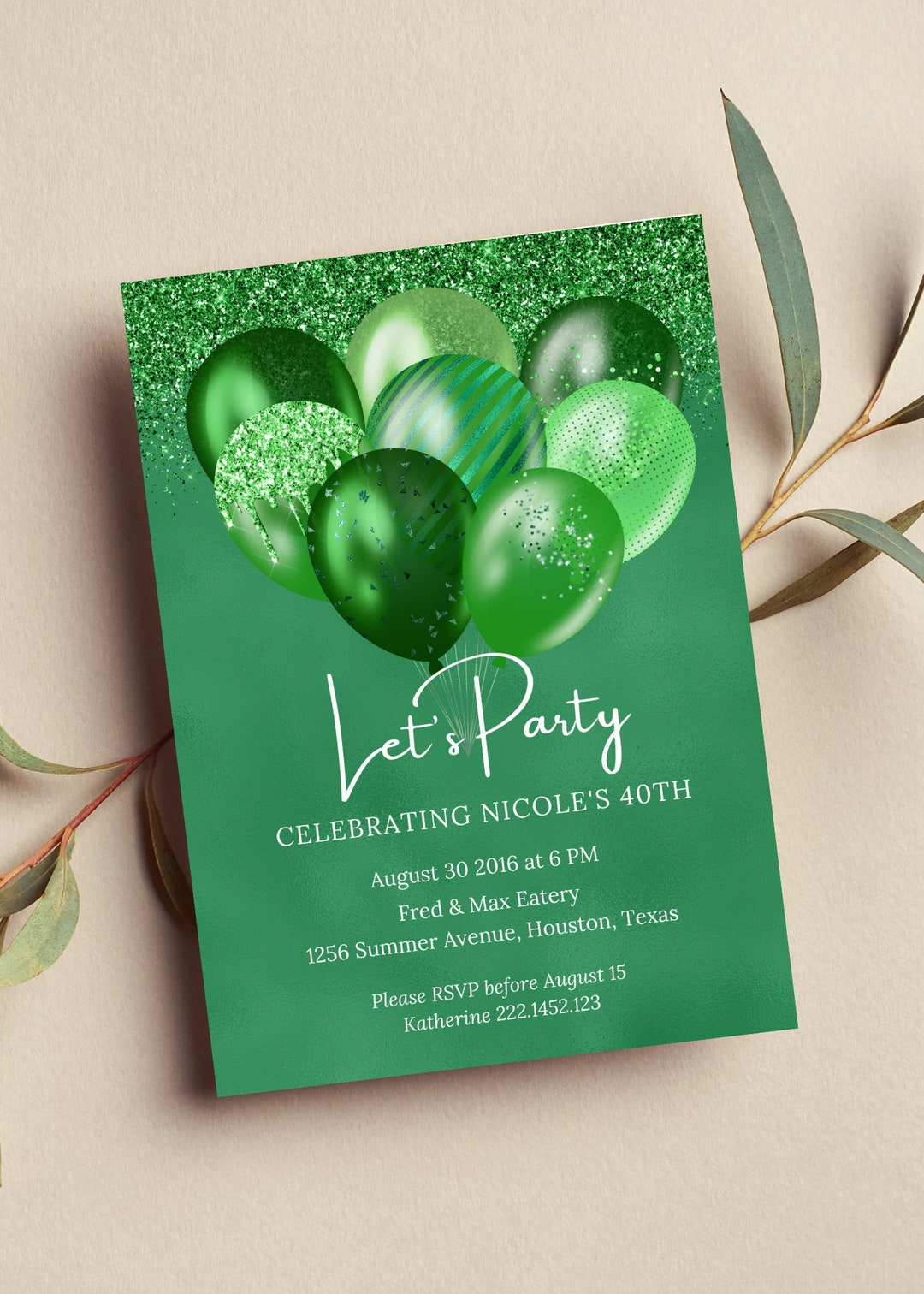 Editable Green Birthday Invitation, Let's Party Green Balloons Invite ...
