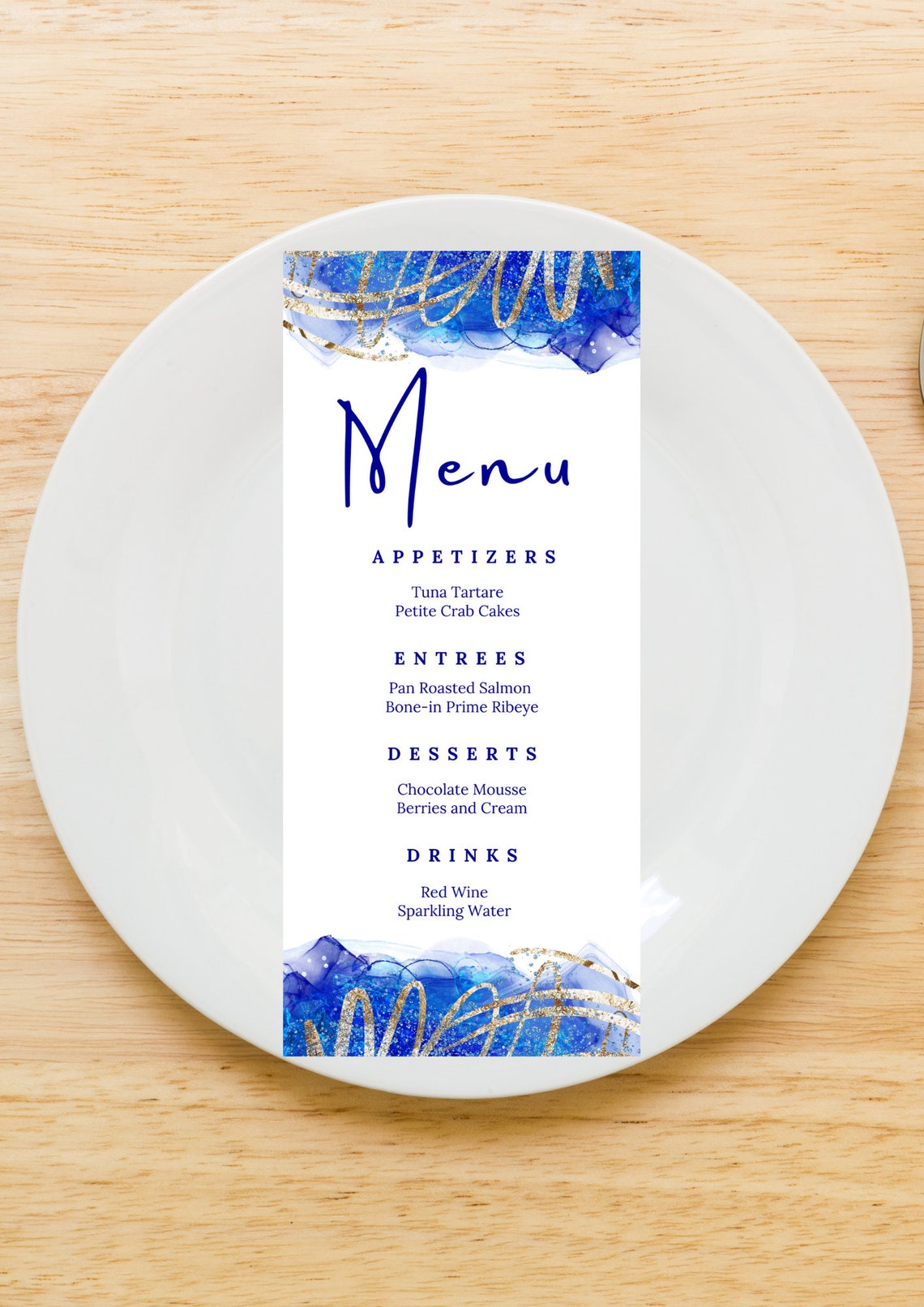 Editable Blue and Gold Menu Template, Birthday Dinner Menu Cards ...