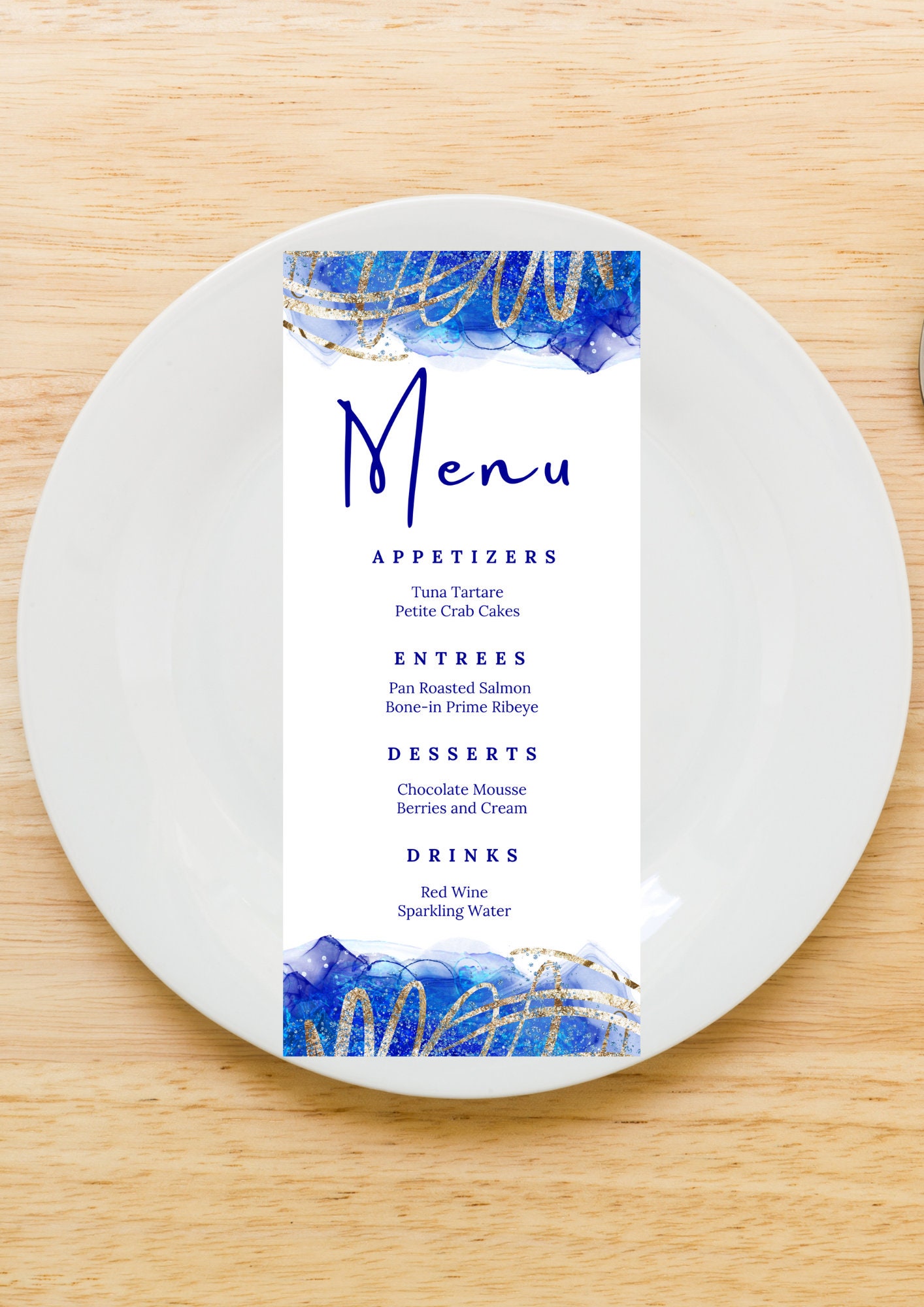 Editable Blue and Gold Menu Template, Birthday Dinner Menu Cards ...