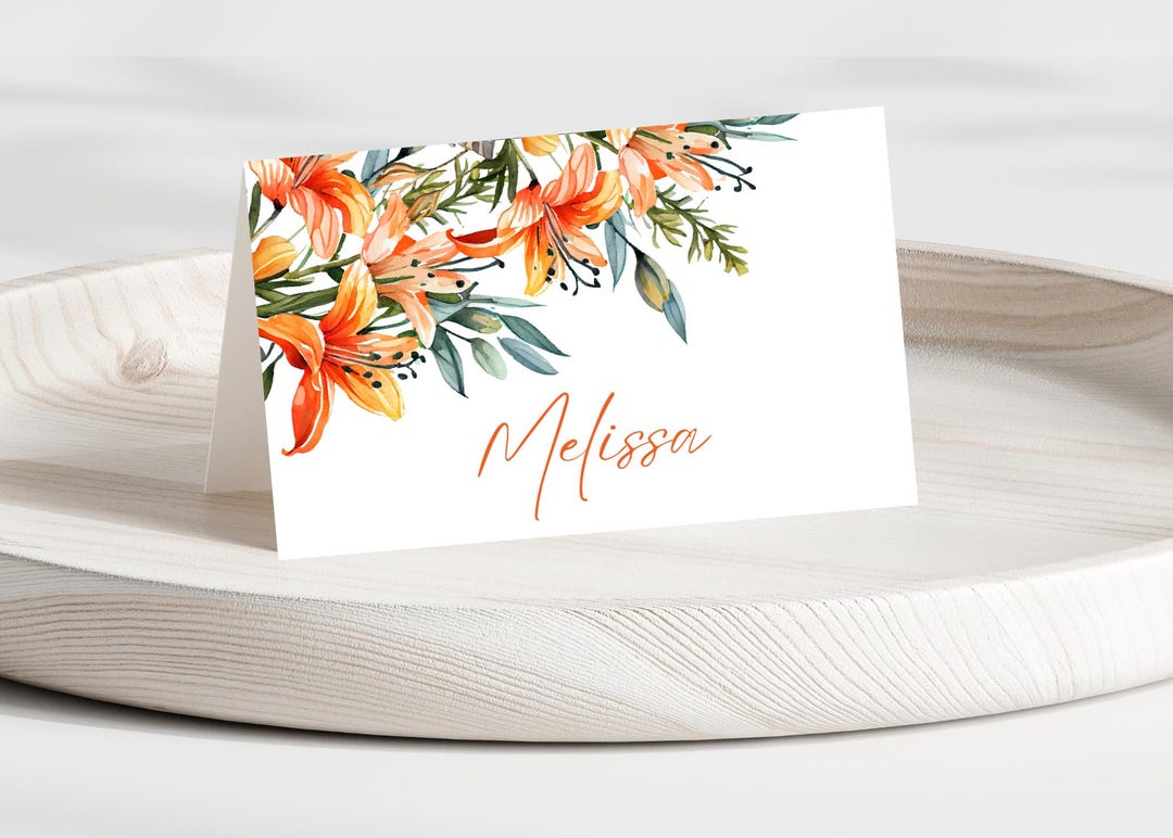 Editable Name Card Template, Orange Floral, Place Cards, Table Decor ...