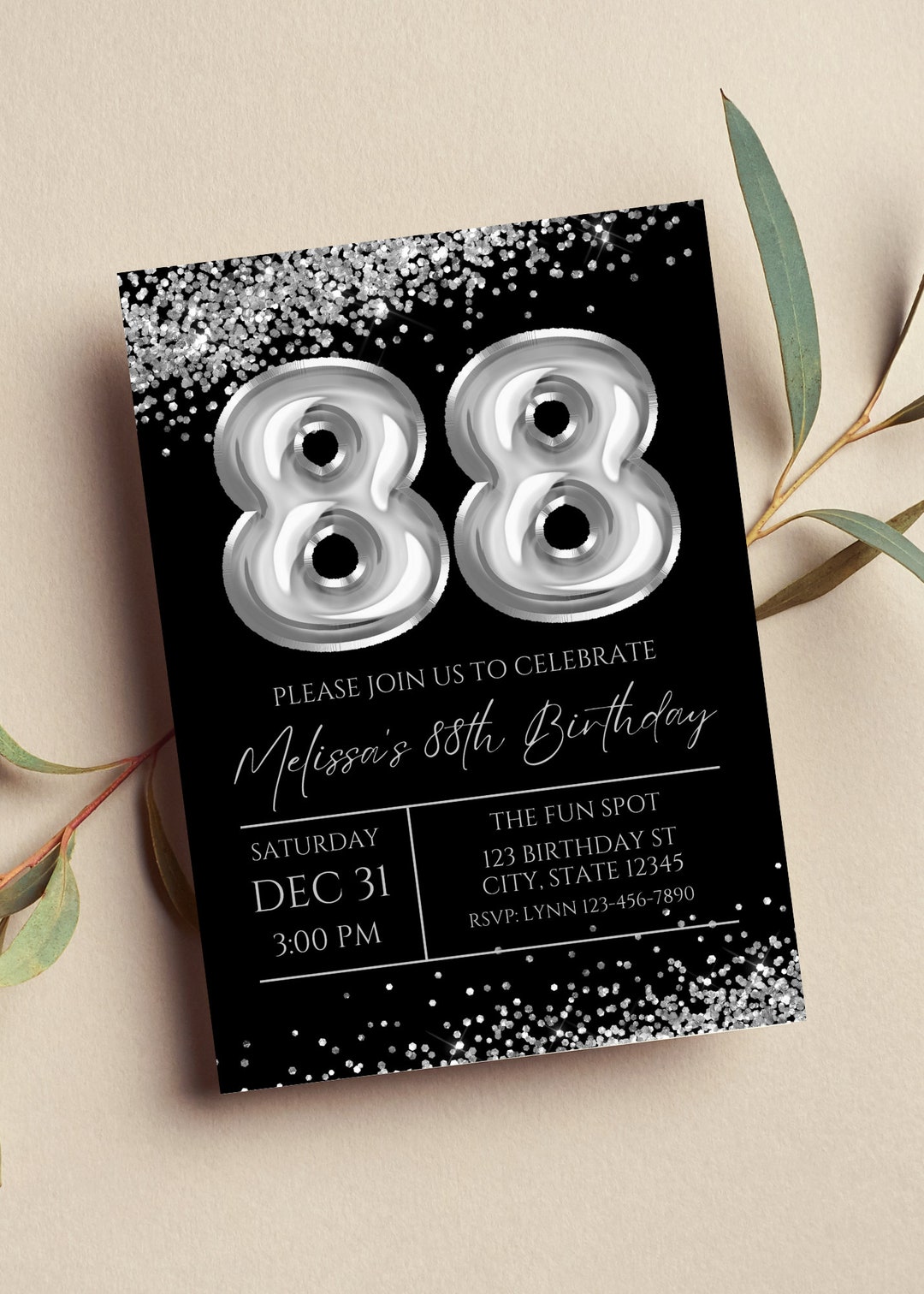 Editable 88th Birthday Invitation, Black and Silver Invitation, Silver ...