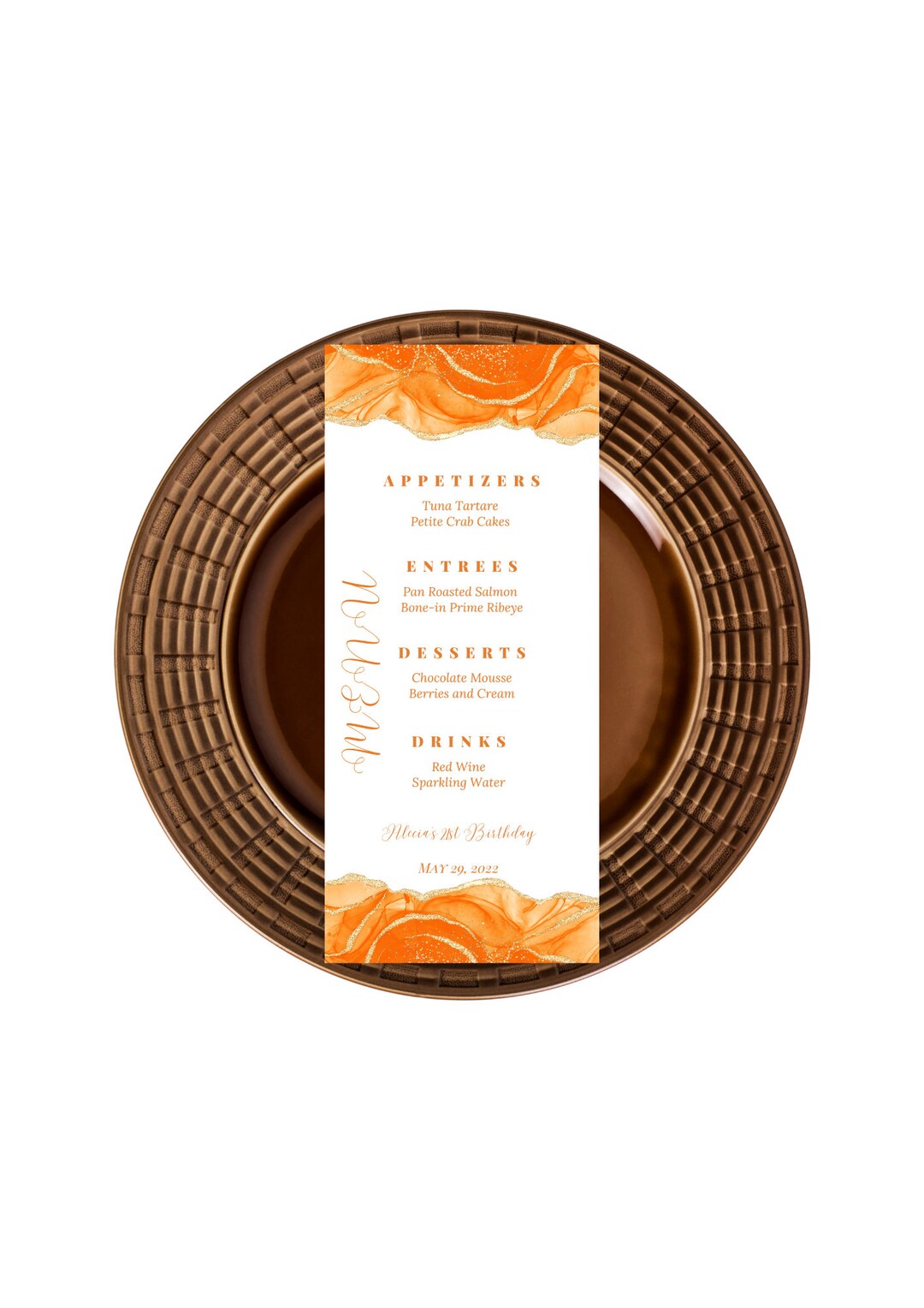 Editable Menu Card Template, Orange and Gold Menu, Birthday, Dinner ...