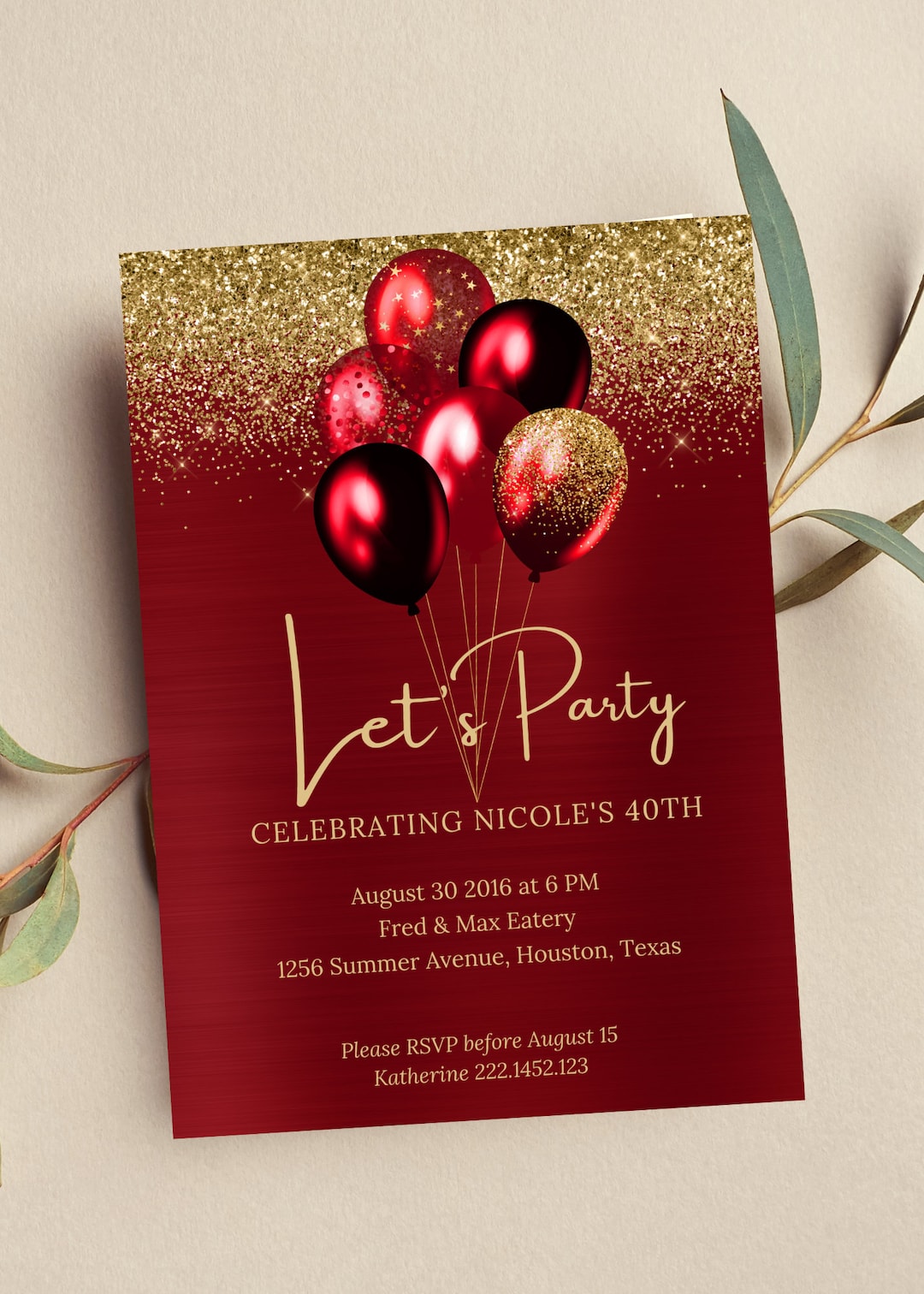 Editable Red and Gold Birthday Invitation, Let's Party Red Balloons ...
