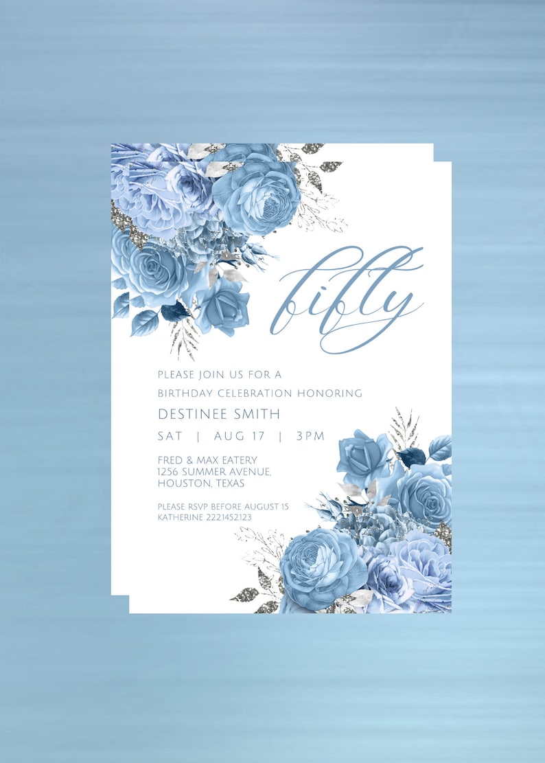 Editable Baby Blue and Silver Floral Invitation, Baby Blue and Silver ...