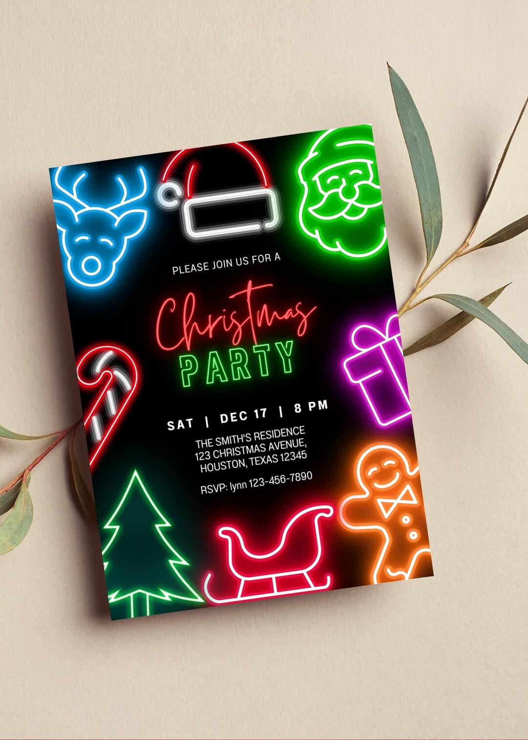 Editable Neon Christmas Party Invitation, Printable or Digital Invite ...