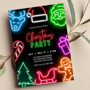 Editable Neon Christmas Party Invitation, Printable or Digital Invite ...