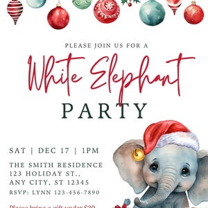 Editable White Elephant Christmas Party Invitation, Gift Exchange ...