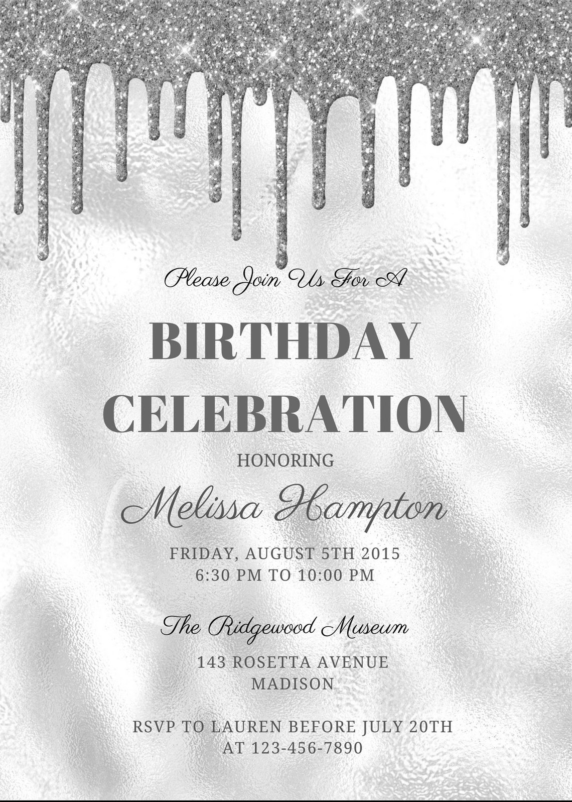 Editable Silver Birthday Invitation Silver Glitter Drip - Etsy