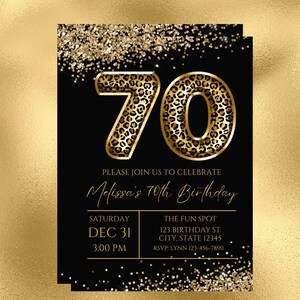Editable 70th Birthday Invitation, Leopard Print, Black and Gold ...