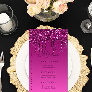 Editable Fuchsia Menu Card Template, Fuchsia Glitter Drip Menu Card ...