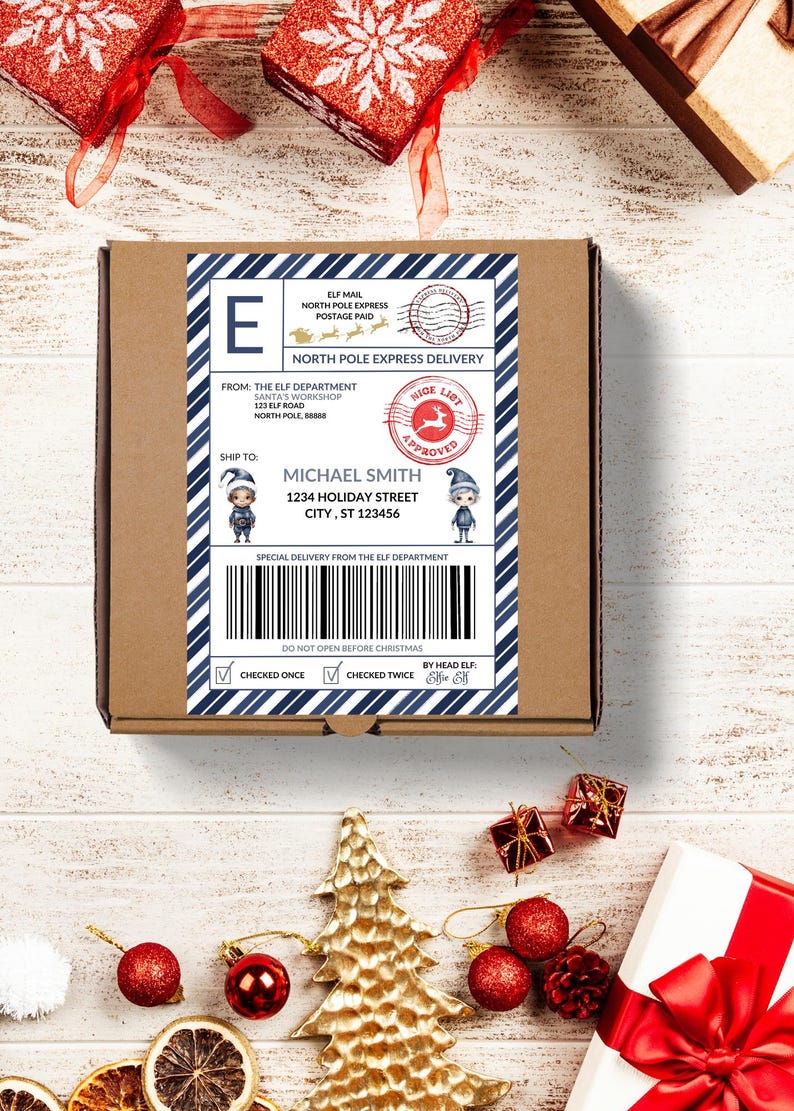 Printable Blue Elf Shipping Label, North Pole Delivery, Santa Postage ...