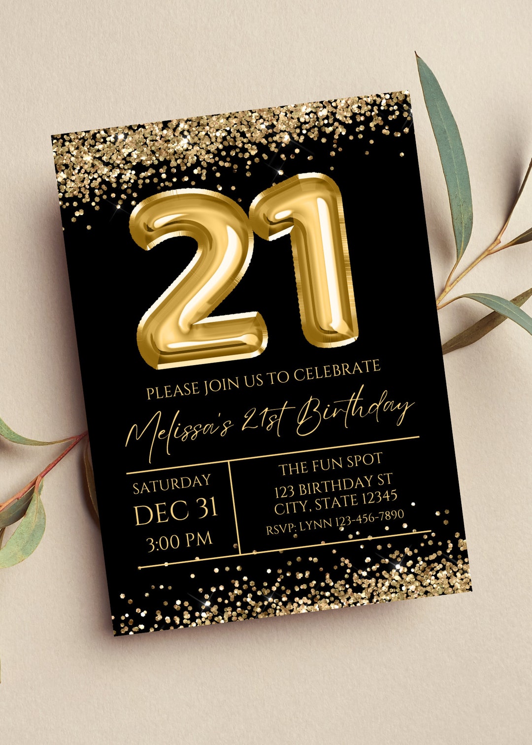 Editable 21st Birthday Invitation, Black and Gold Invitation, Gold 21 ...