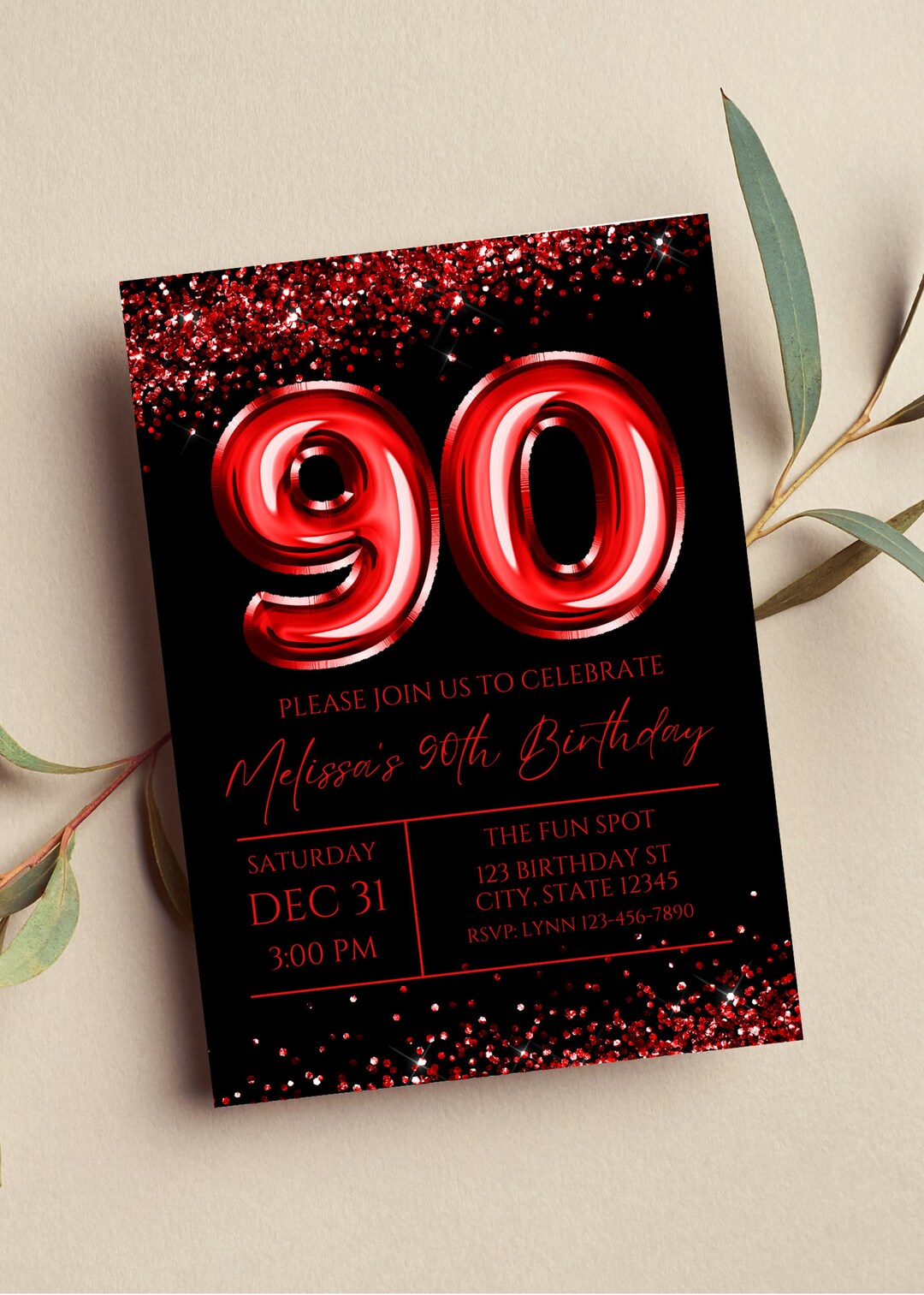 Editable 90th Birthday Invitation, Red and Black Invitation, Red 90 ...