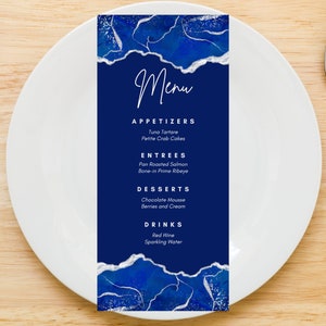 Editable Menu Card Template, Royal Blue and Silver, Birthday, Dinner ...