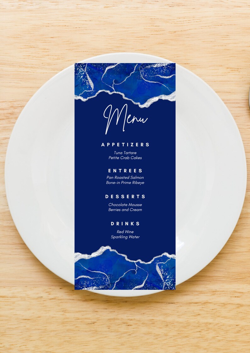 Editable Menu Card Template, Royal Blue and Silver, Birthday, Dinner ...