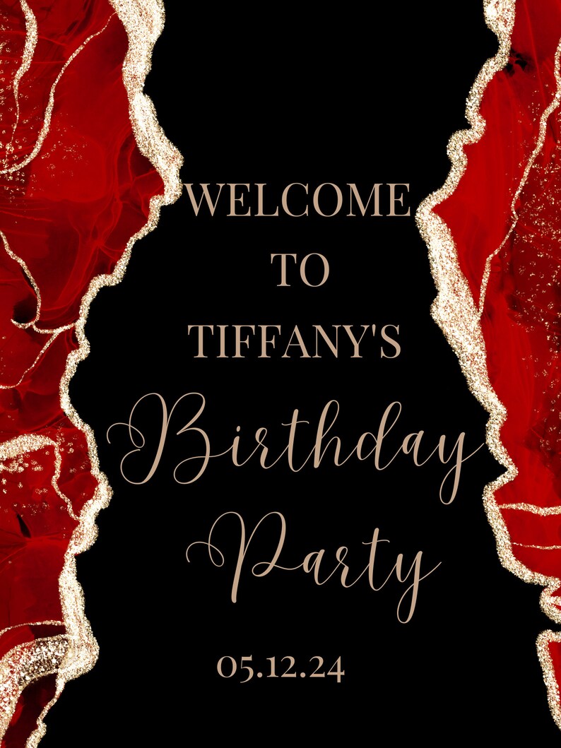 Editable Red And Gold Birthday Welcome Sign Agate Birthday Etsy