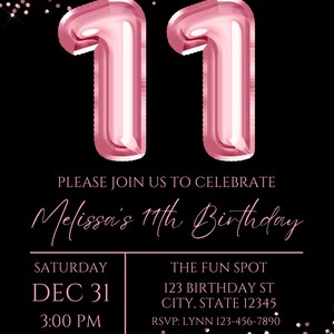 Editable 11th Birthday Invitation, Pink and Black Invitation, Pink 11 ...