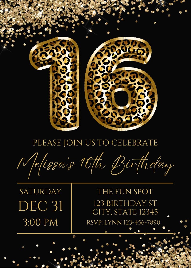 Editable 16th Birthday Invitation, Leopard Print, Black and Gold ...