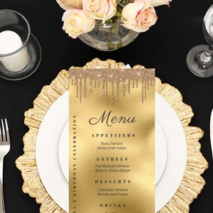 Editable Gold Menu Card Template, Gold Glitter Drip Menu Cards ...