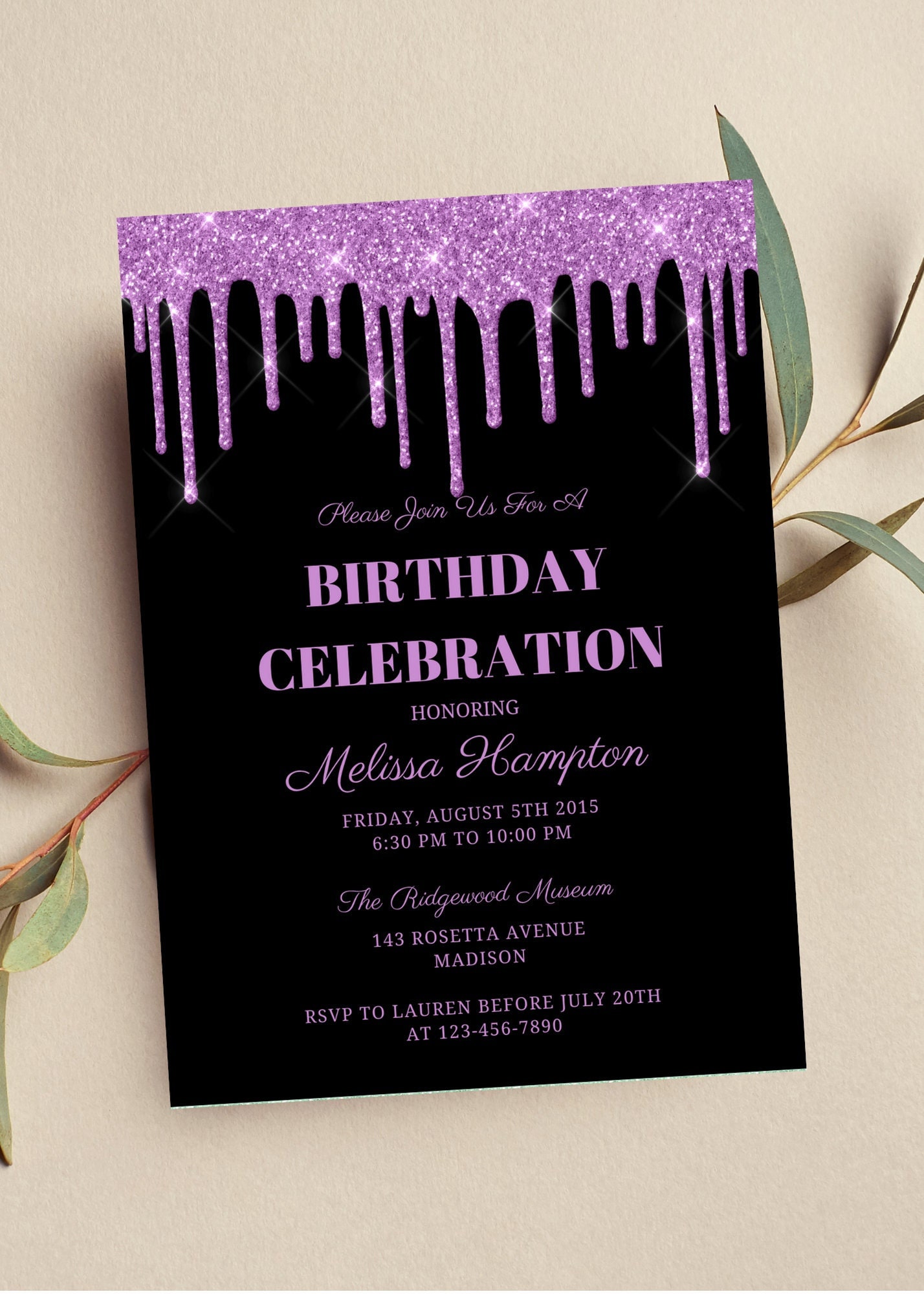 Editable Purple and Black Birthday Invitation Purple Glitter - Etsy